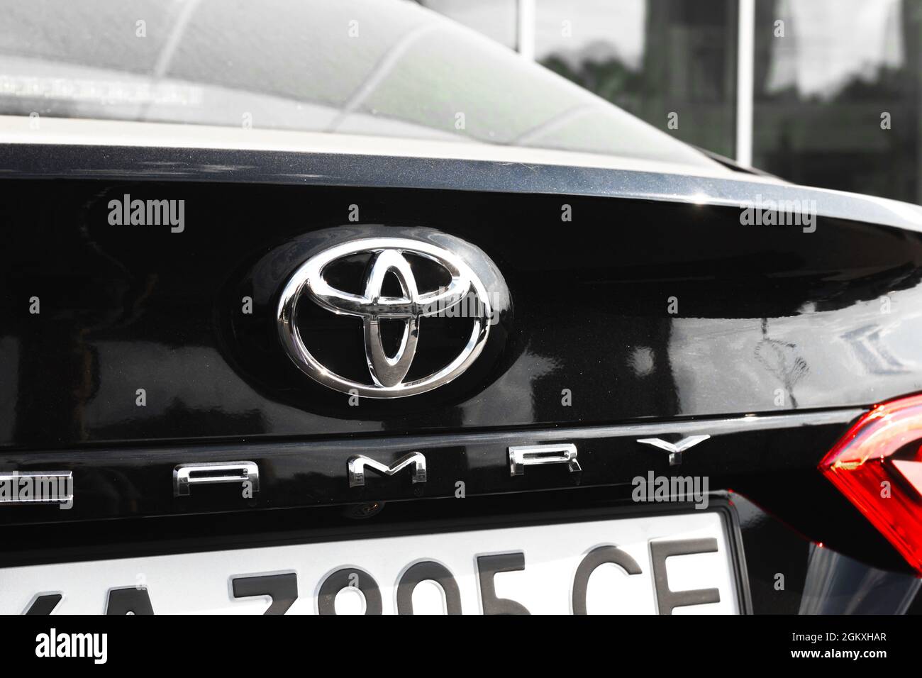 Kharkov, Ukraine - September 13, 2021: Toyota brand logo on a black car ...