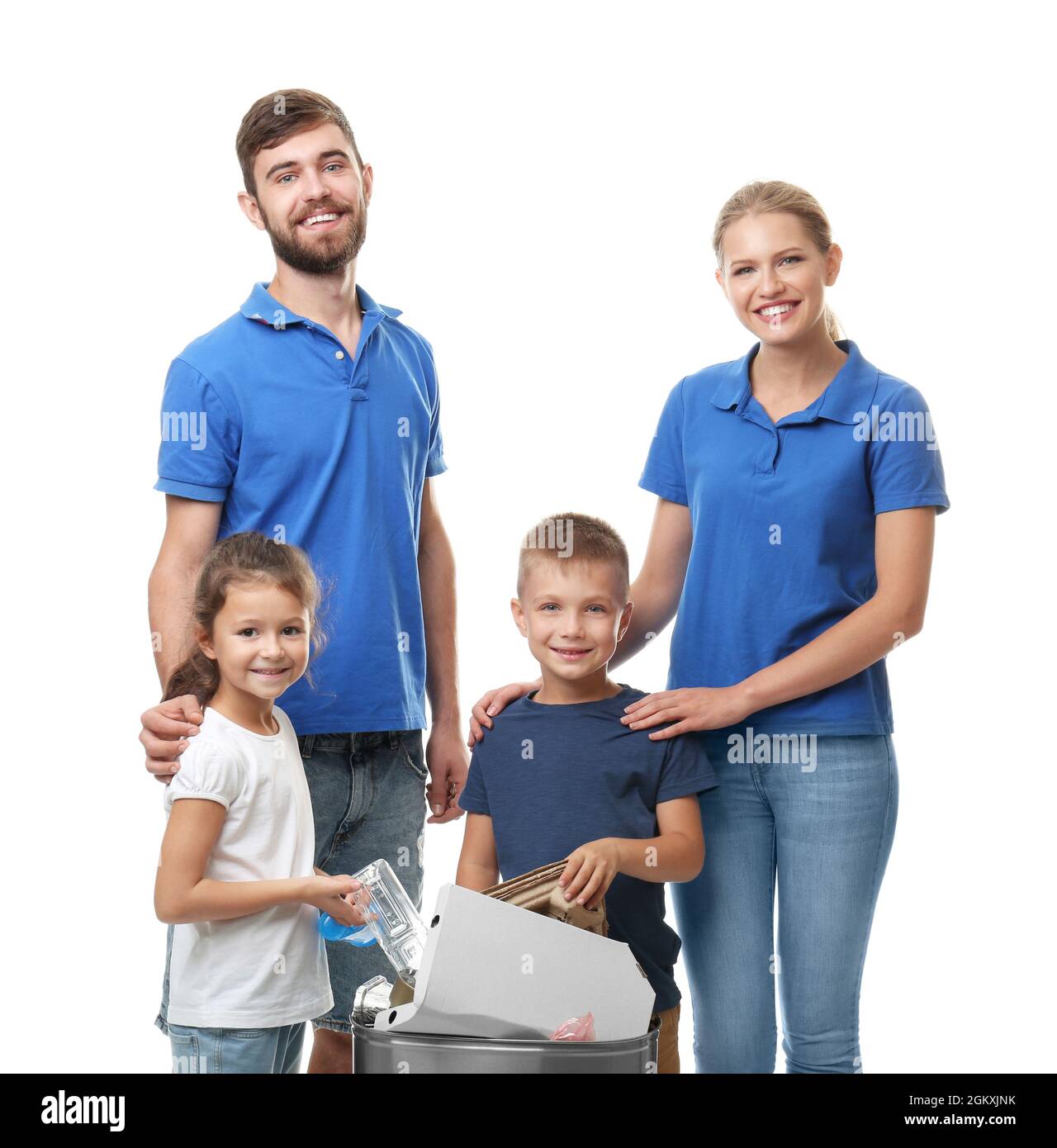 Family with litter bin on white background. Recycling concept Stock ...