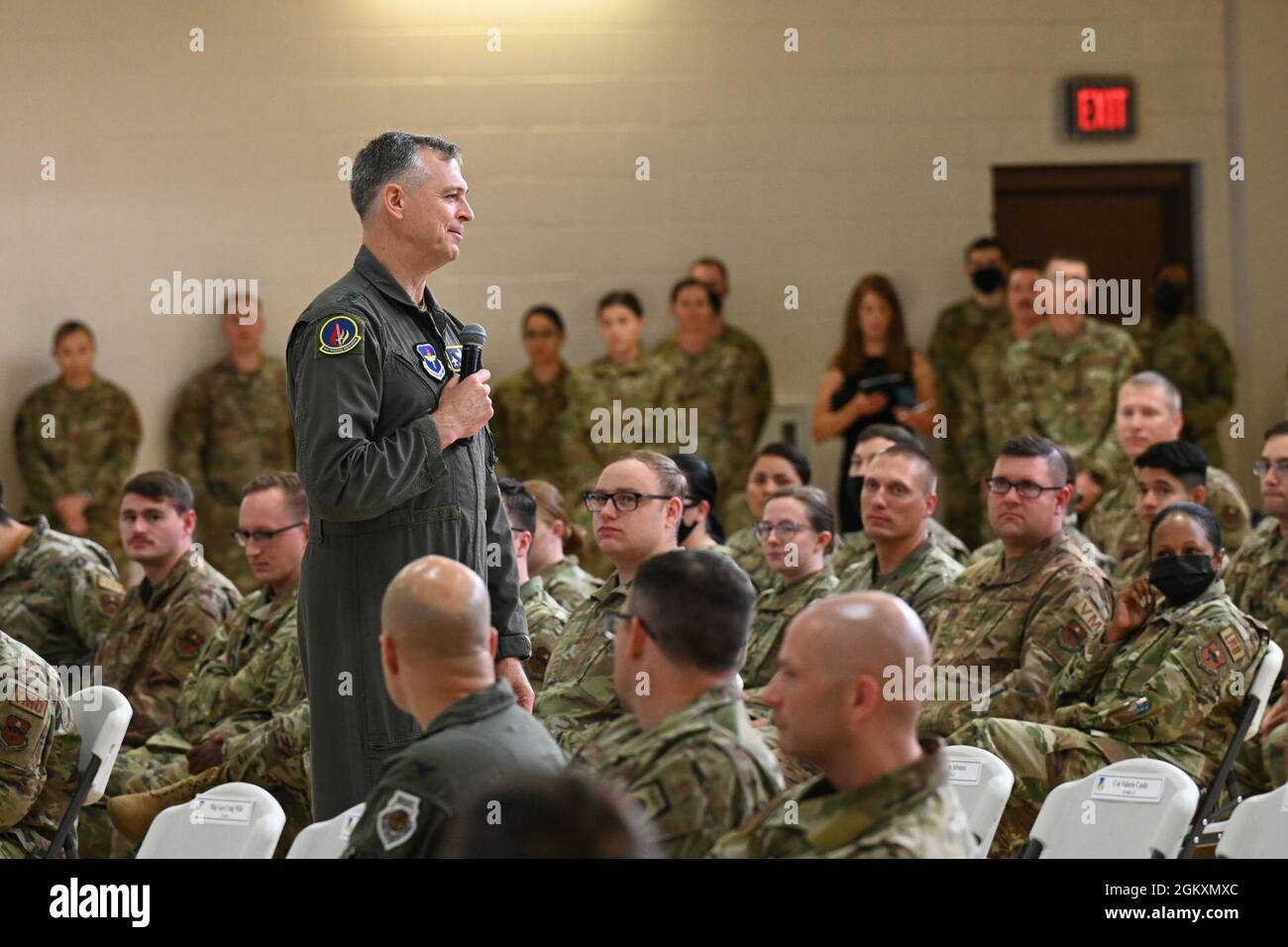 Maj. Gen. Craig Wills, 19th Air Force commander, speaks during an all ...