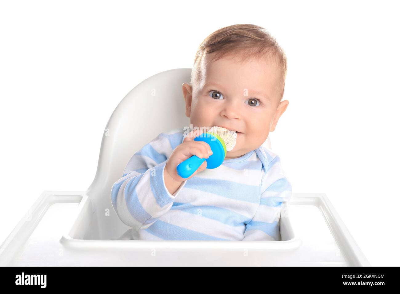 Cute little baby with nibbler on white background Stock Photo - Alamy