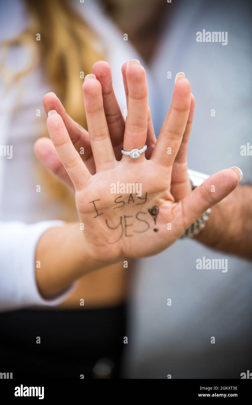I say yes. words written on woman's hand with wedding ring and mans ...