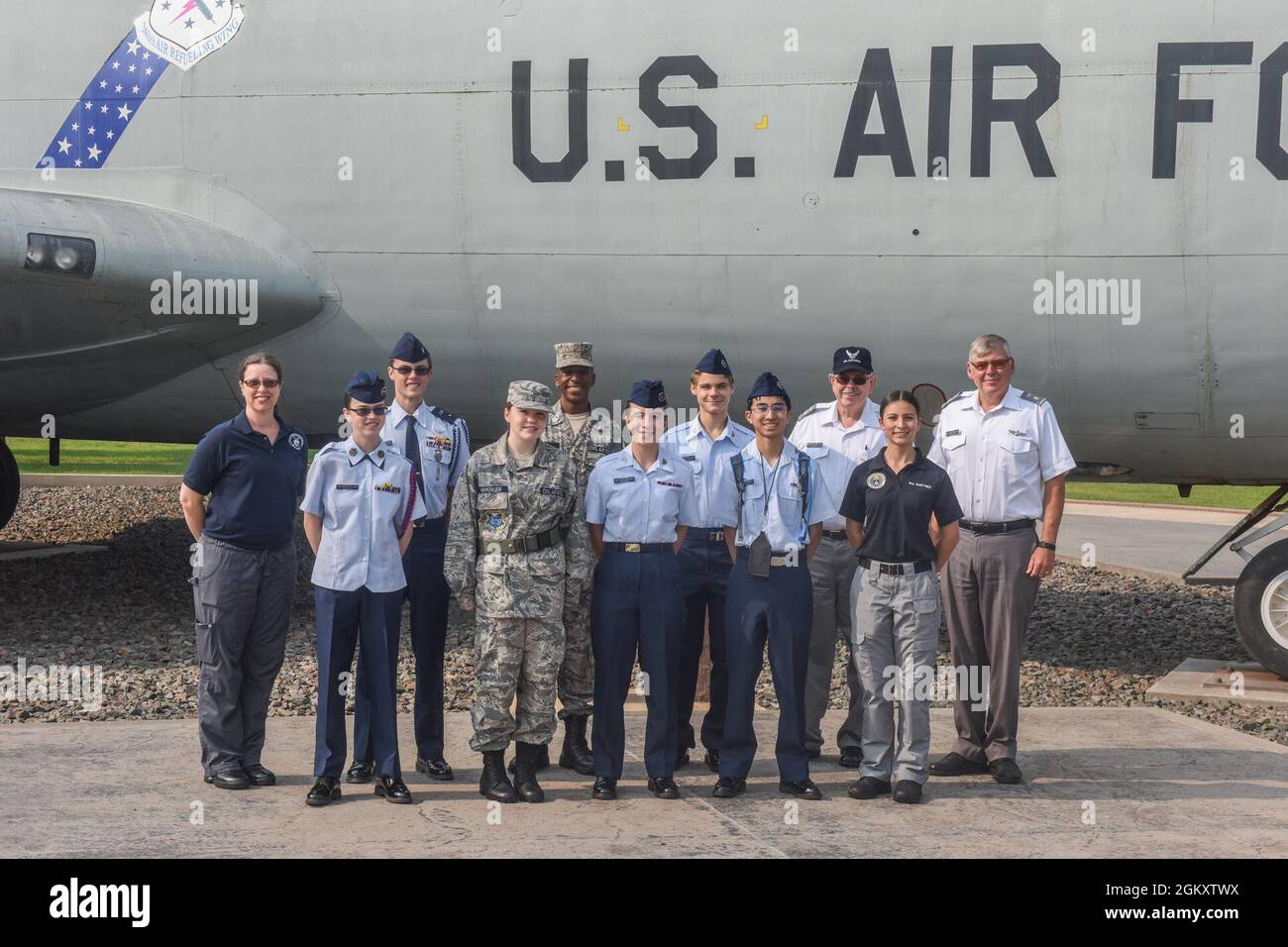 Civil Air Patrol members pose for a picture in front of a KC-135 Stratotanker display, July 21 ...
