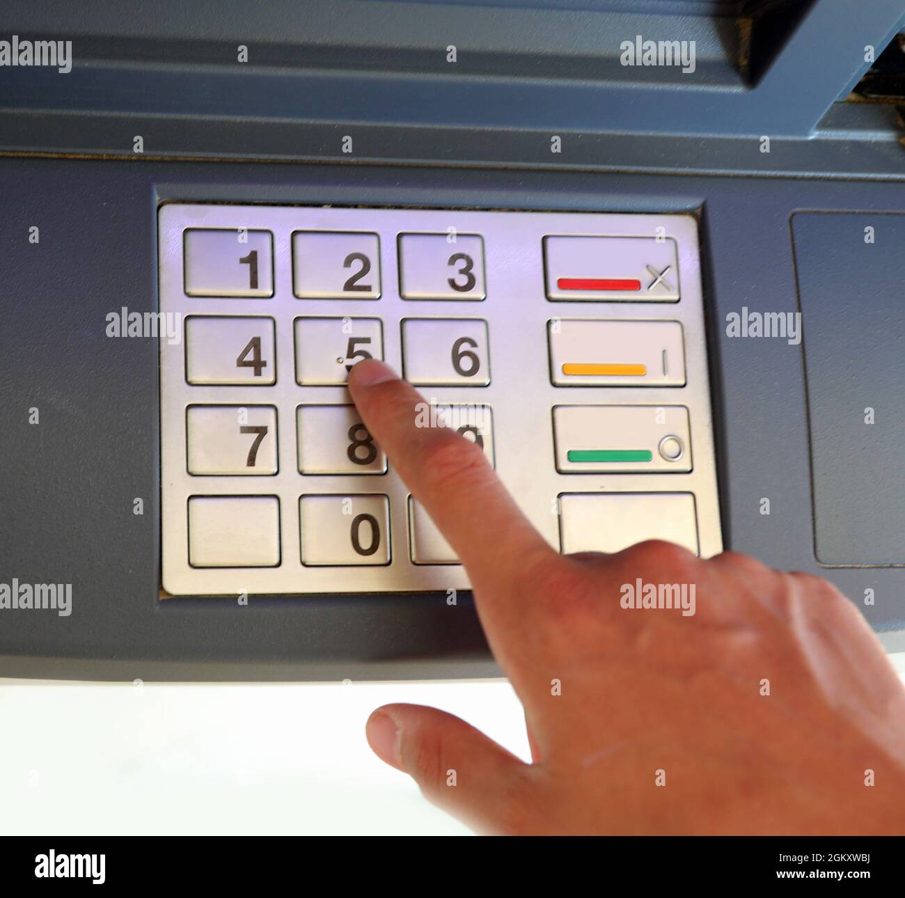 by typing a secret pin code to access banking services using finger ...