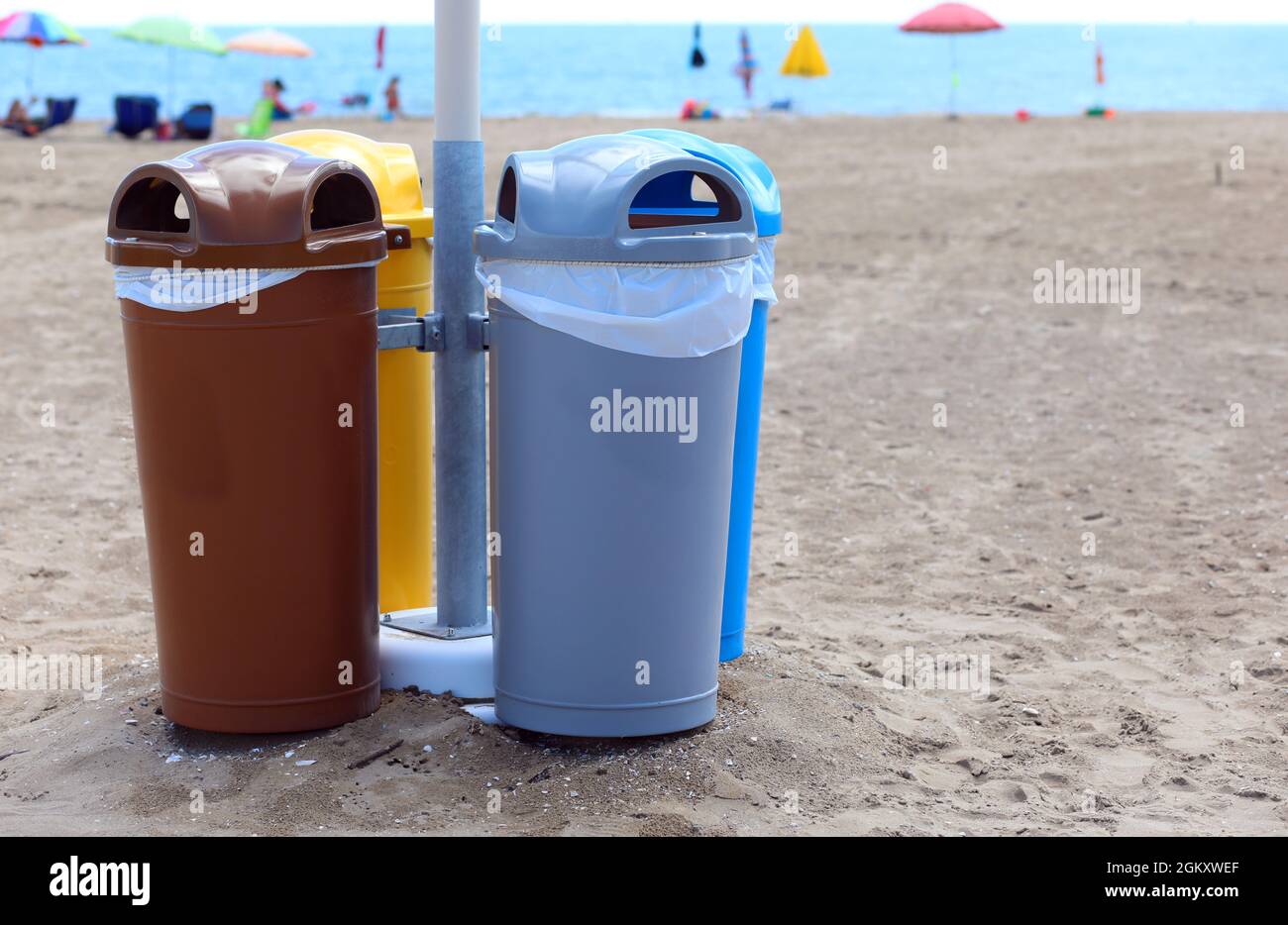 waste bins for separate collection on the beach to be kept clean Stock ...