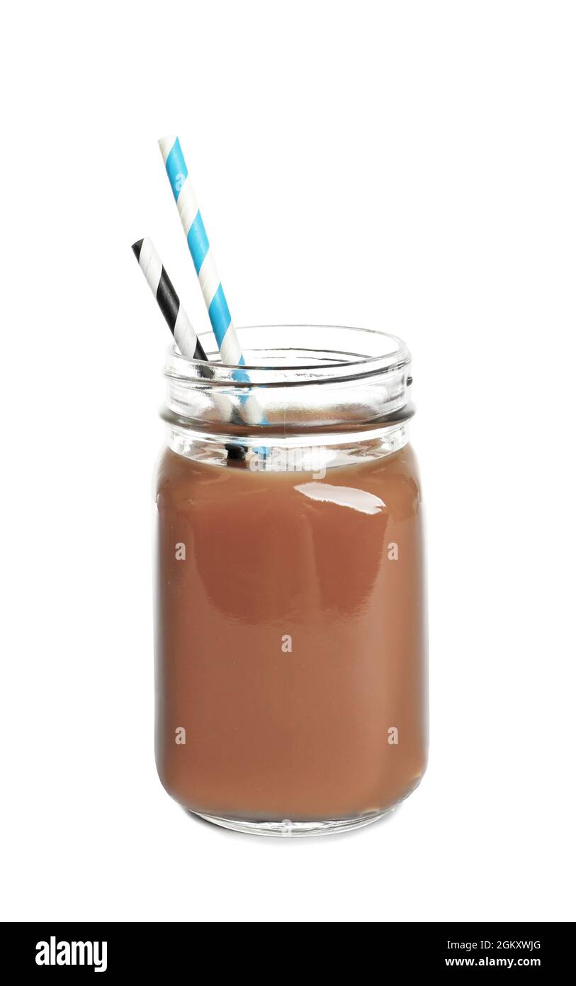 Glass jar of fresh protein shake on white background Stock Photo - Alamy