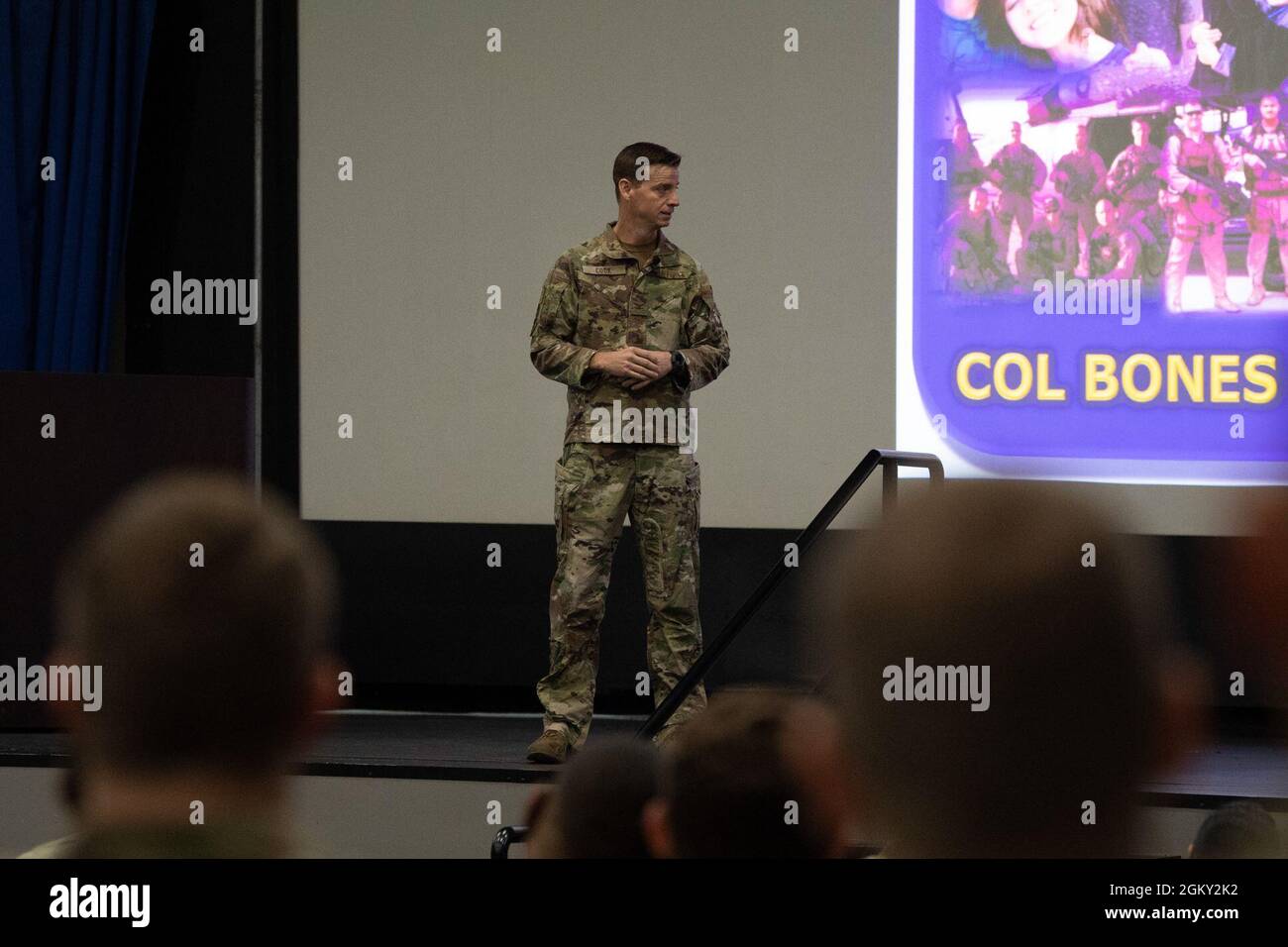 U.S. Air Force Col. Russell Cook, 23rd Wing commander, speaks to Airmen ...