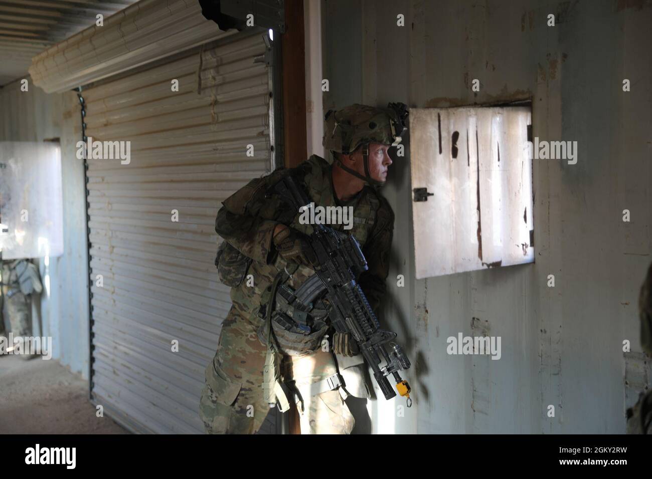 A Soldier assigned to the 45th Infantry Brigade Combat Team scans an ...