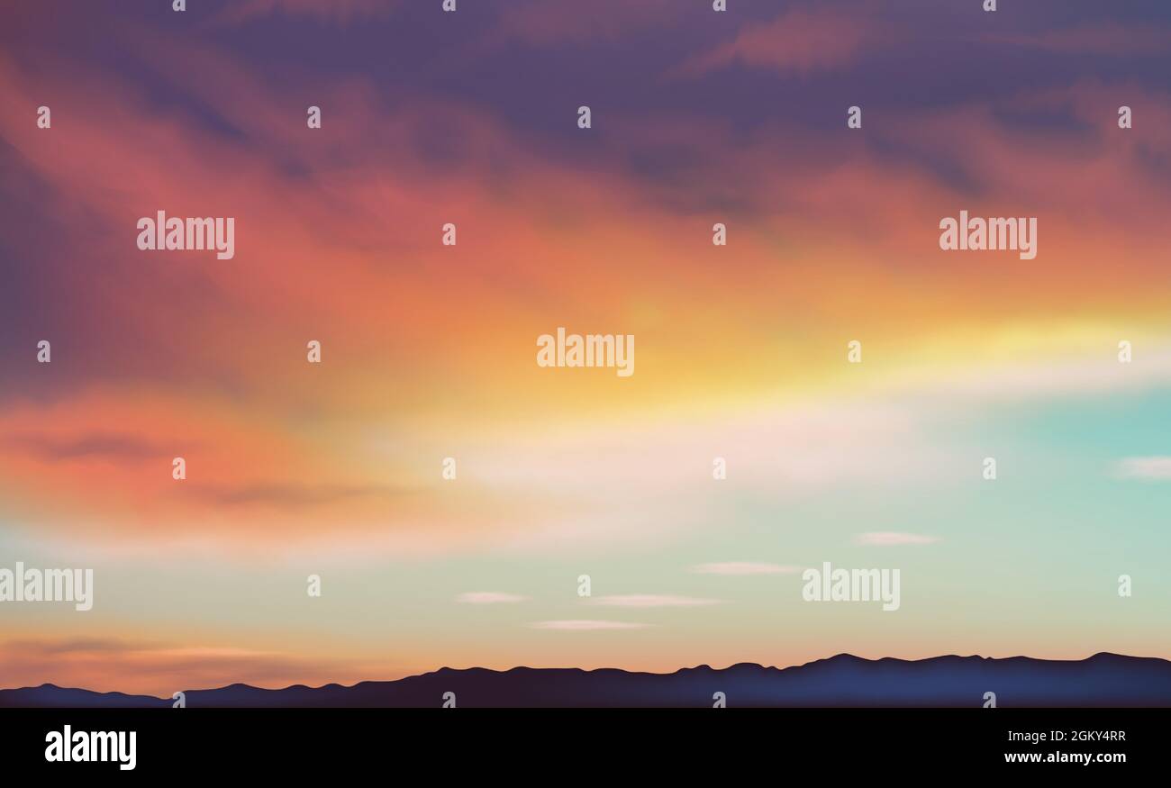 Horizontal wide sunset clouds mountain landscape blurred background ...