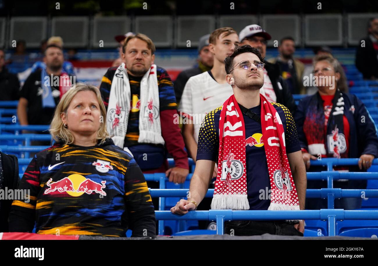 RB Leipzig fans appear dejected in the stands during the UEFA Champions ...