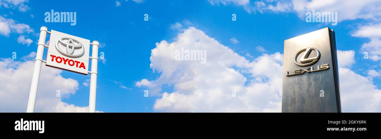 Kharkov, Ukraine - September 13, 2021: Toyota and Lexus car brand logo ...