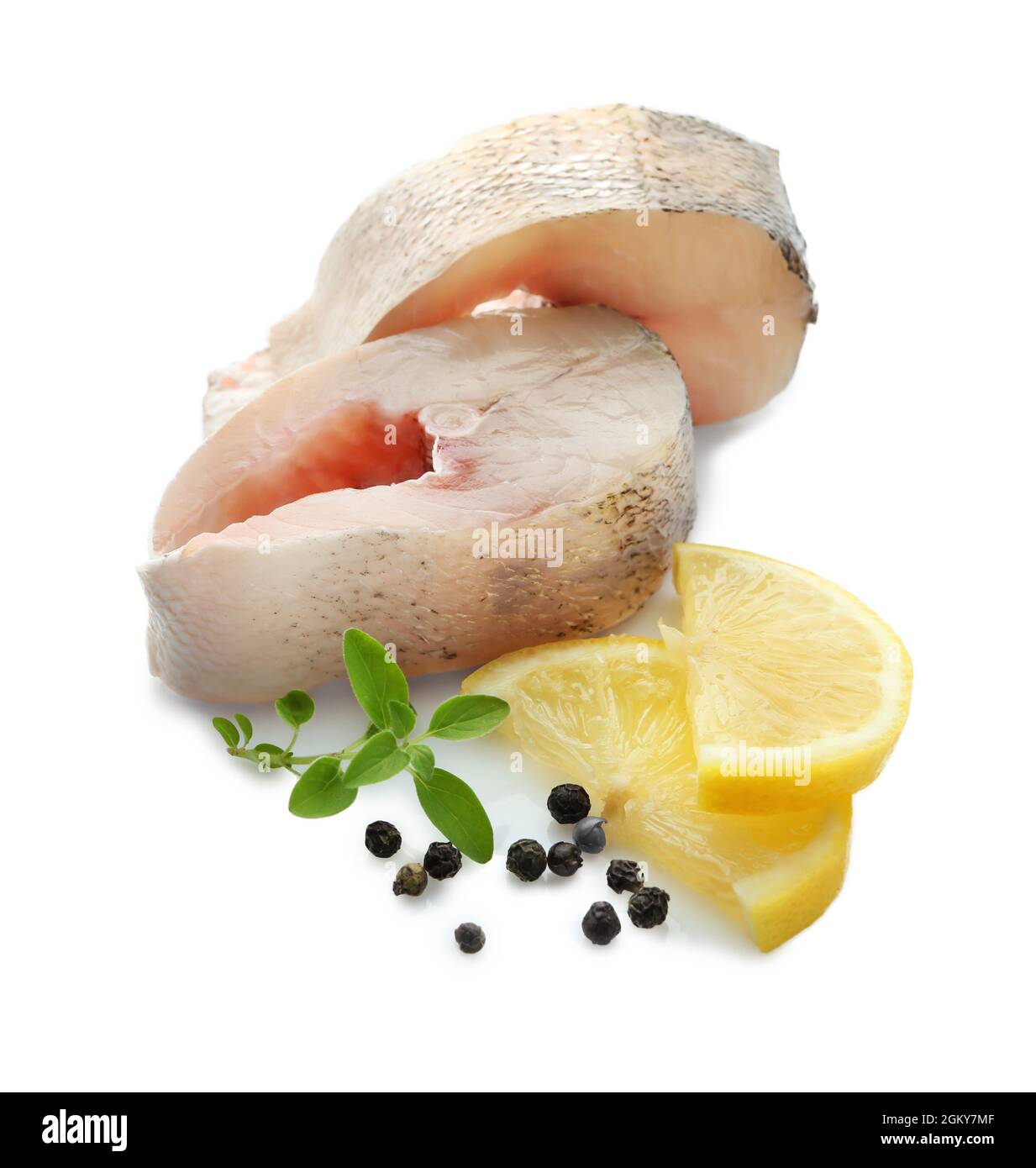Fresh fish steaks on white background Stock Photo - Alamy