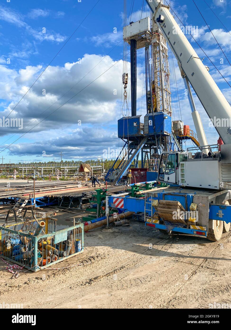 Rolling of the drilling tool on the racks. An oil field site Stock ...