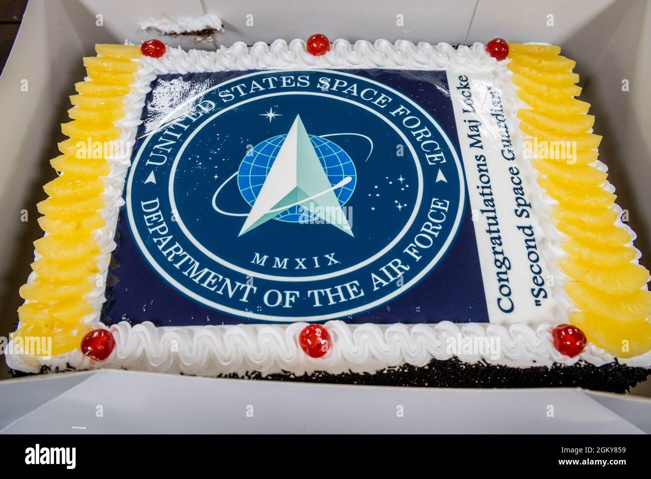 A cake is presented during a Space Force Transfer Ceremony for U.S ...