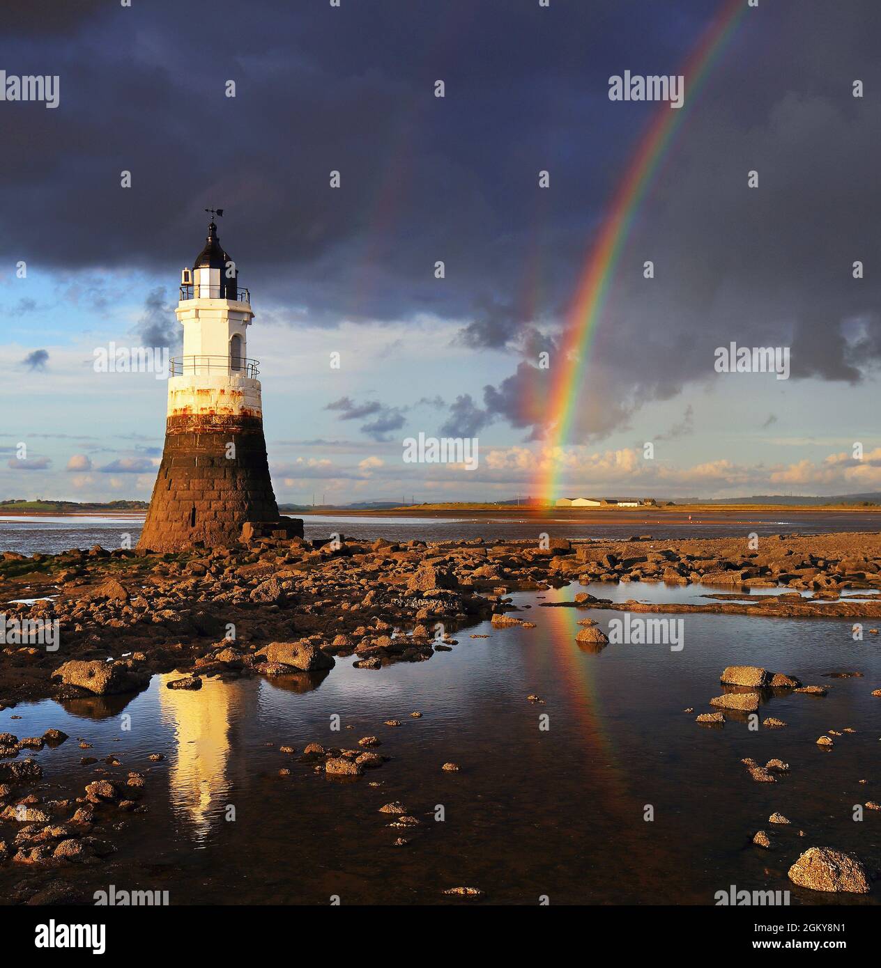 Rainbow strikes over Plover Scar Lighthouse on the south edge of ...