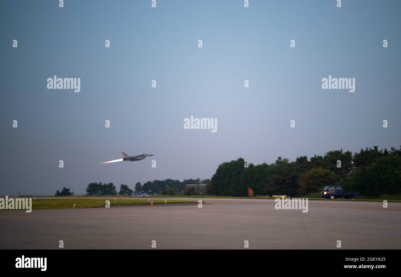 An F-16 Fighting Falcon, assigned to the 80th Fighter Squadron, takes ...