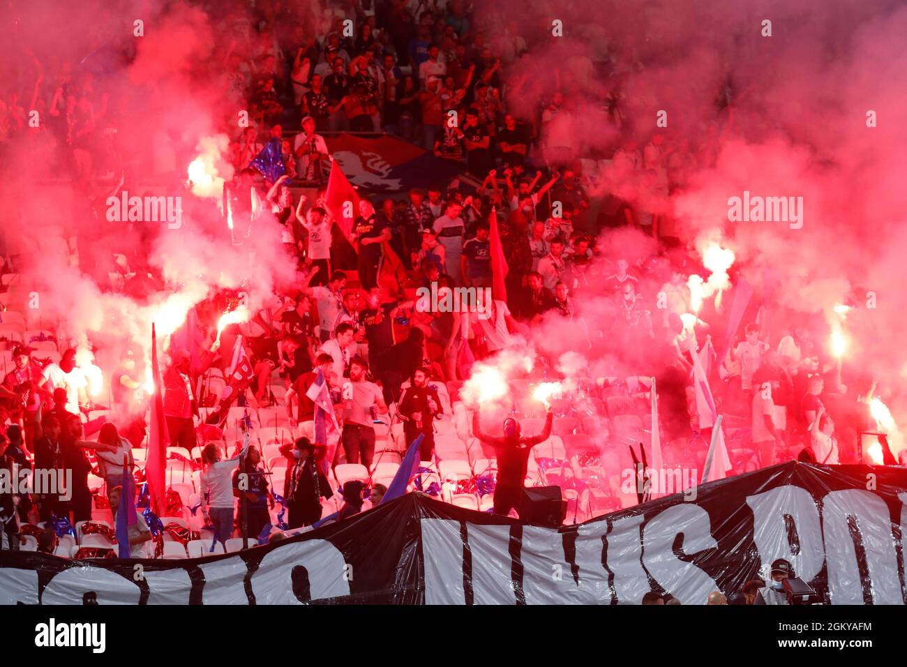 Fans of Lyon during the French championship Ligue 1 football match ...