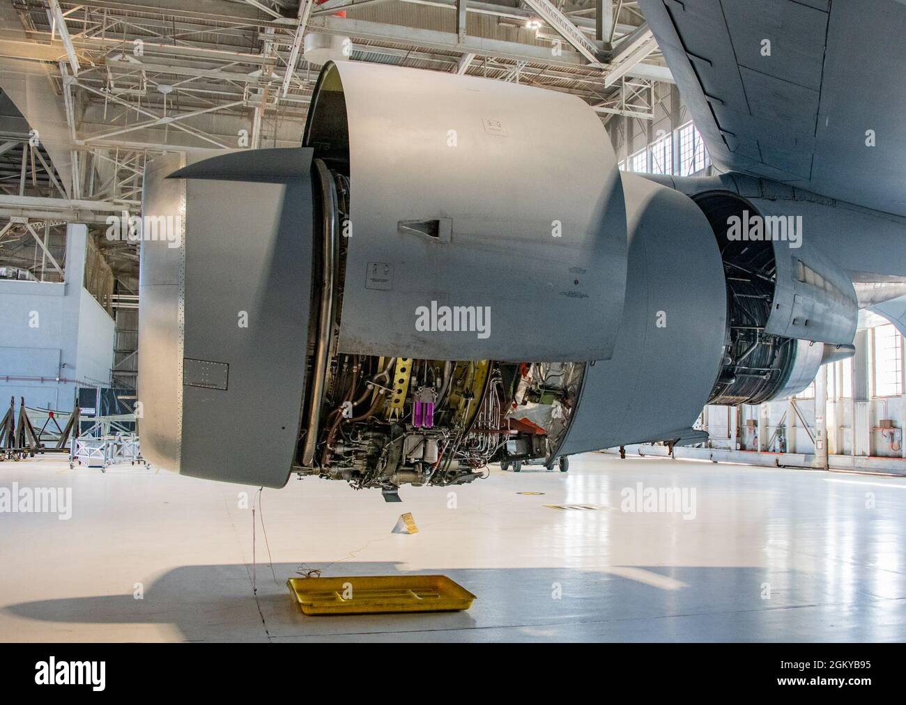 A KC-10 Extender engine is serviced inside a hangar July 27, 2021, at Travis Air Force Base ...