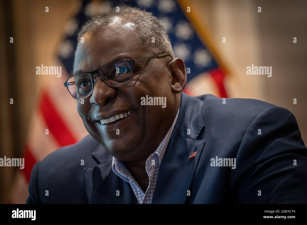 Secretary of Defense Lloyd J. Austin III speaks with service members ...