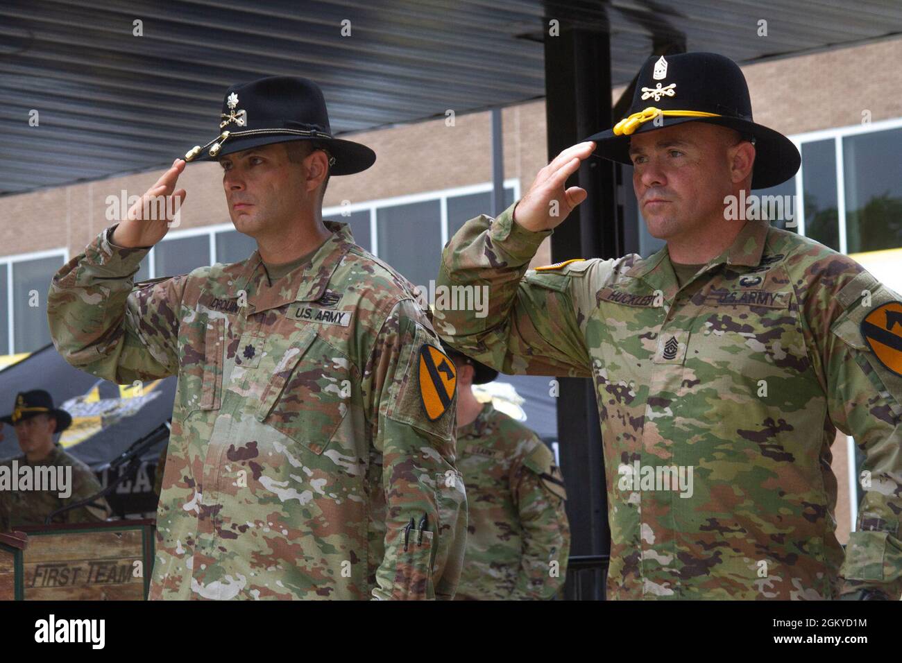 Lt. Col. Derek G. Drouin (l), commander, and Command Sgt. Maj. Jacob D ...