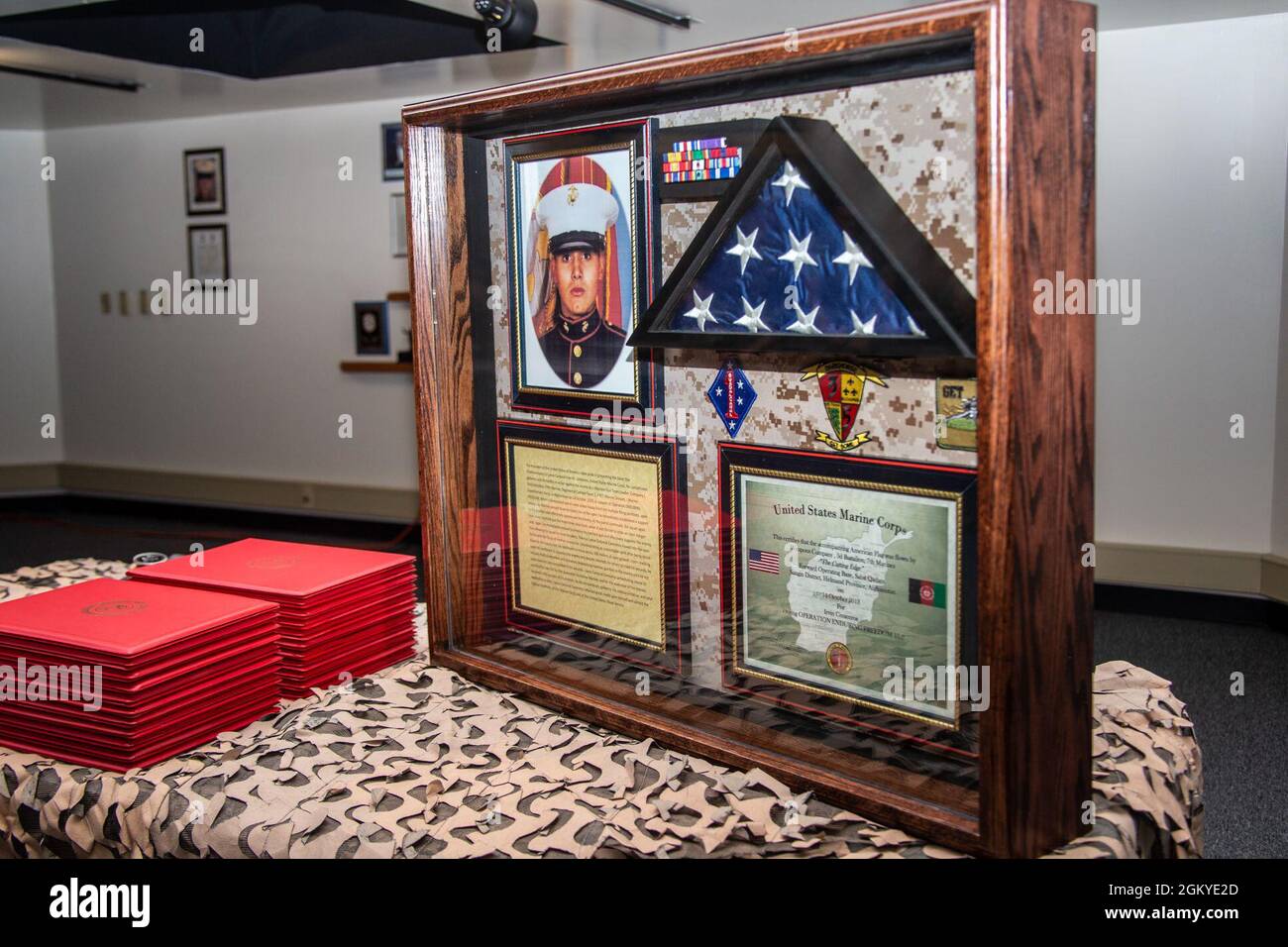 The shadow box for Lance Cpl Irvin M. Ceniceros sits on display at the ...