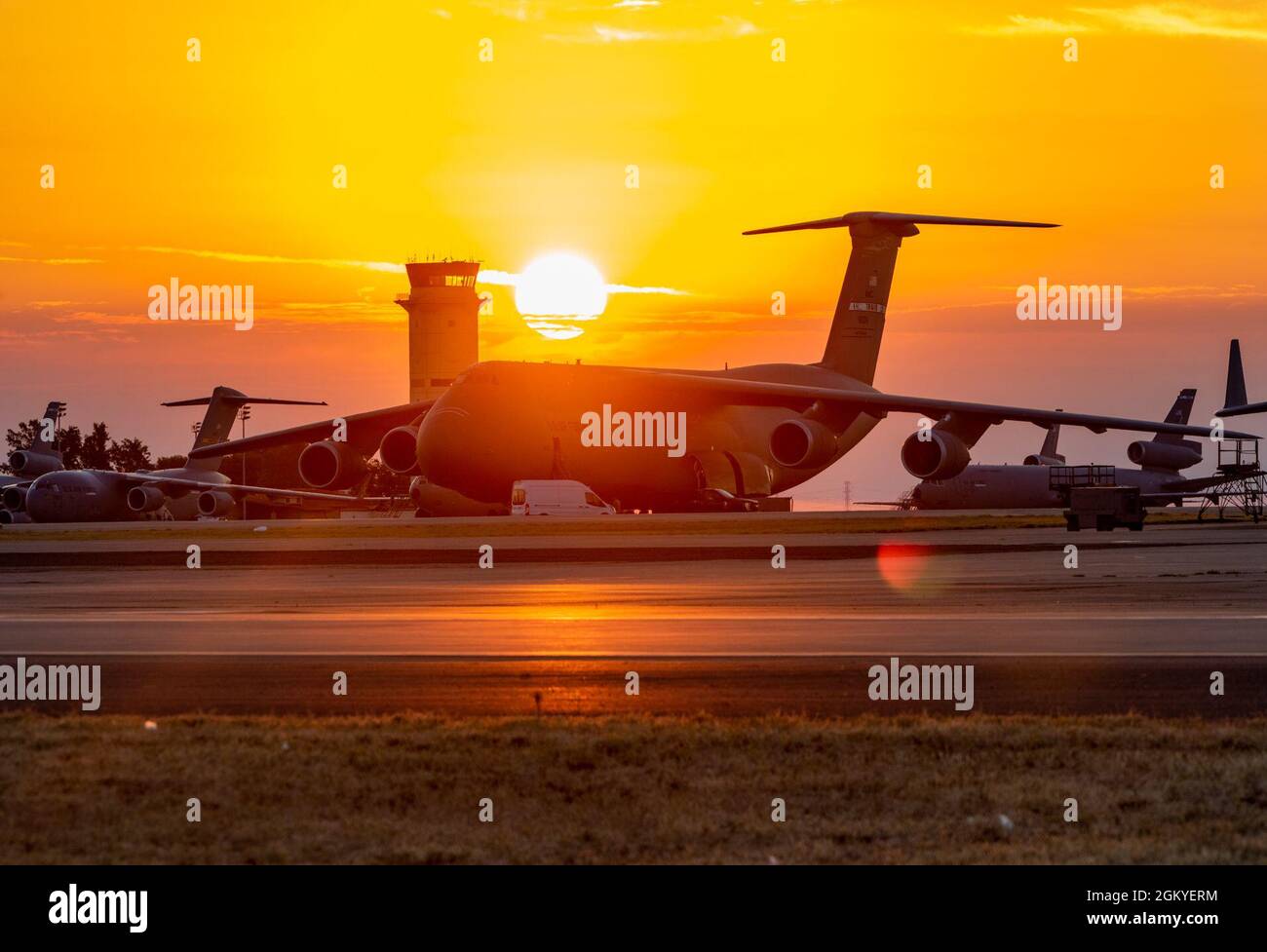 A C-5M Super Galaxy is parked on the flight line during sunrise July 28, 2021, at Travis AFB ...