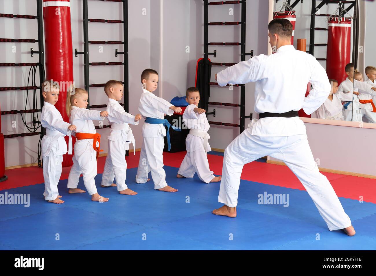 Male karate instructor training little children in dojo Stock Photo - Alamy