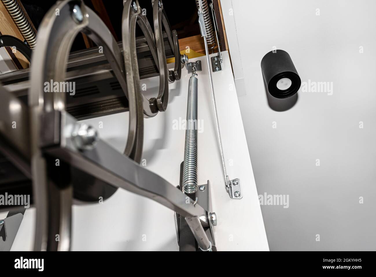 A spring tensioning mechanism that helps in opening a metal ladder to ...