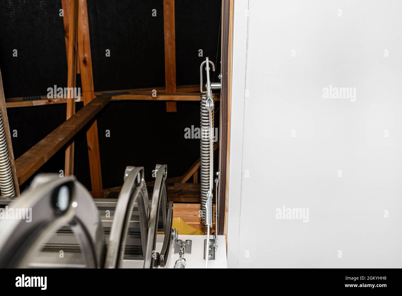 A spring tensioning mechanism that helps in opening a metal ladder to ...