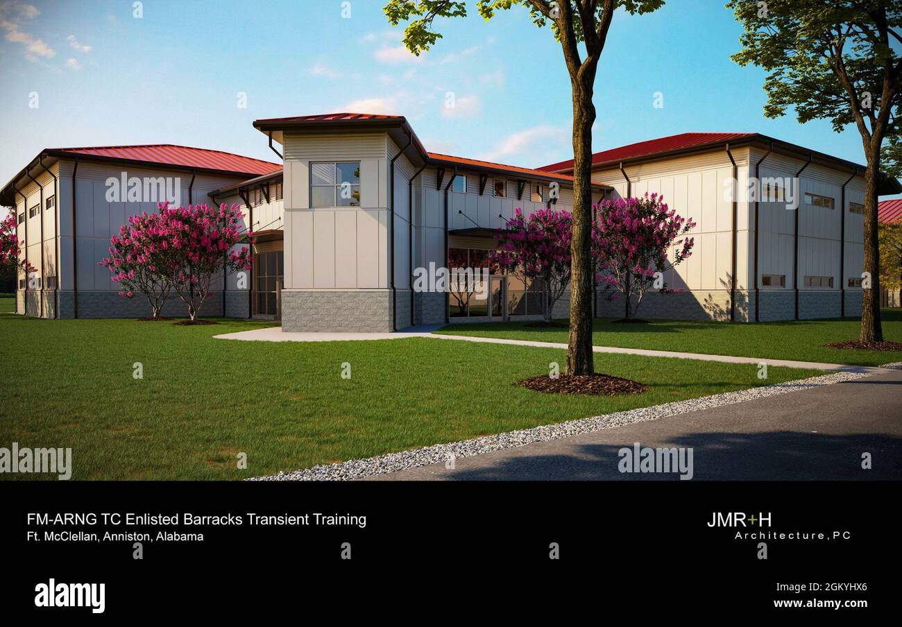 An architect's rendering of a completed barracks building shows the ...