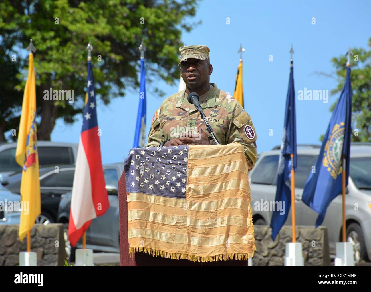 U.S. Army Surgeon General, Lt. Gen. Scott Dingle, delivers a speech at ...