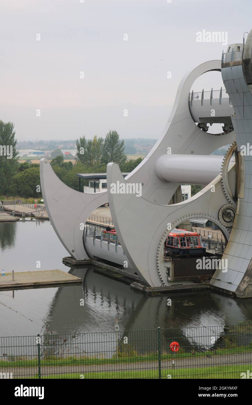 The Falkirk Wheel, a rotating boat lift in Tamfourhill, Falkirk, in ...