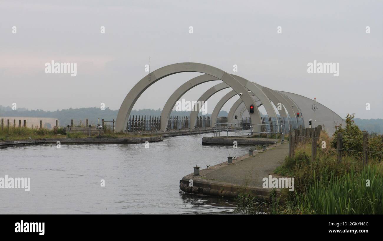 The Falkirk Wheel, a rotating boat lift in Tamfourhill, Falkirk, in ...