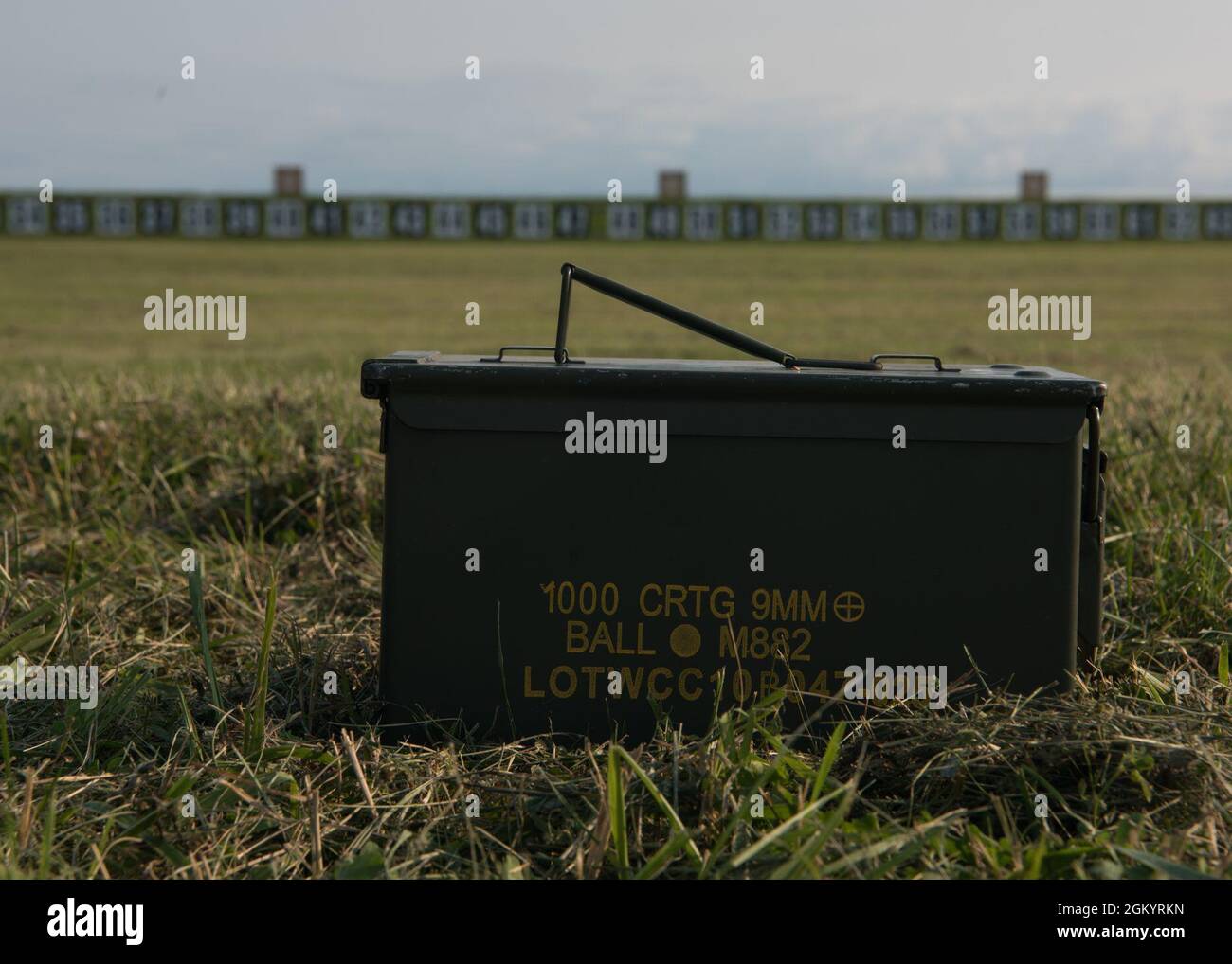 An ammo can sits on the firing line at Camp Perry, Ohio, July 31, 2021 ...
