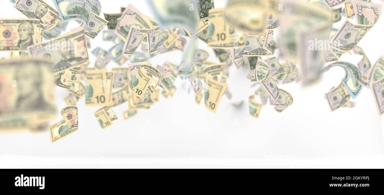 3d rendering of different US dollar banknotes raining in front of a ...