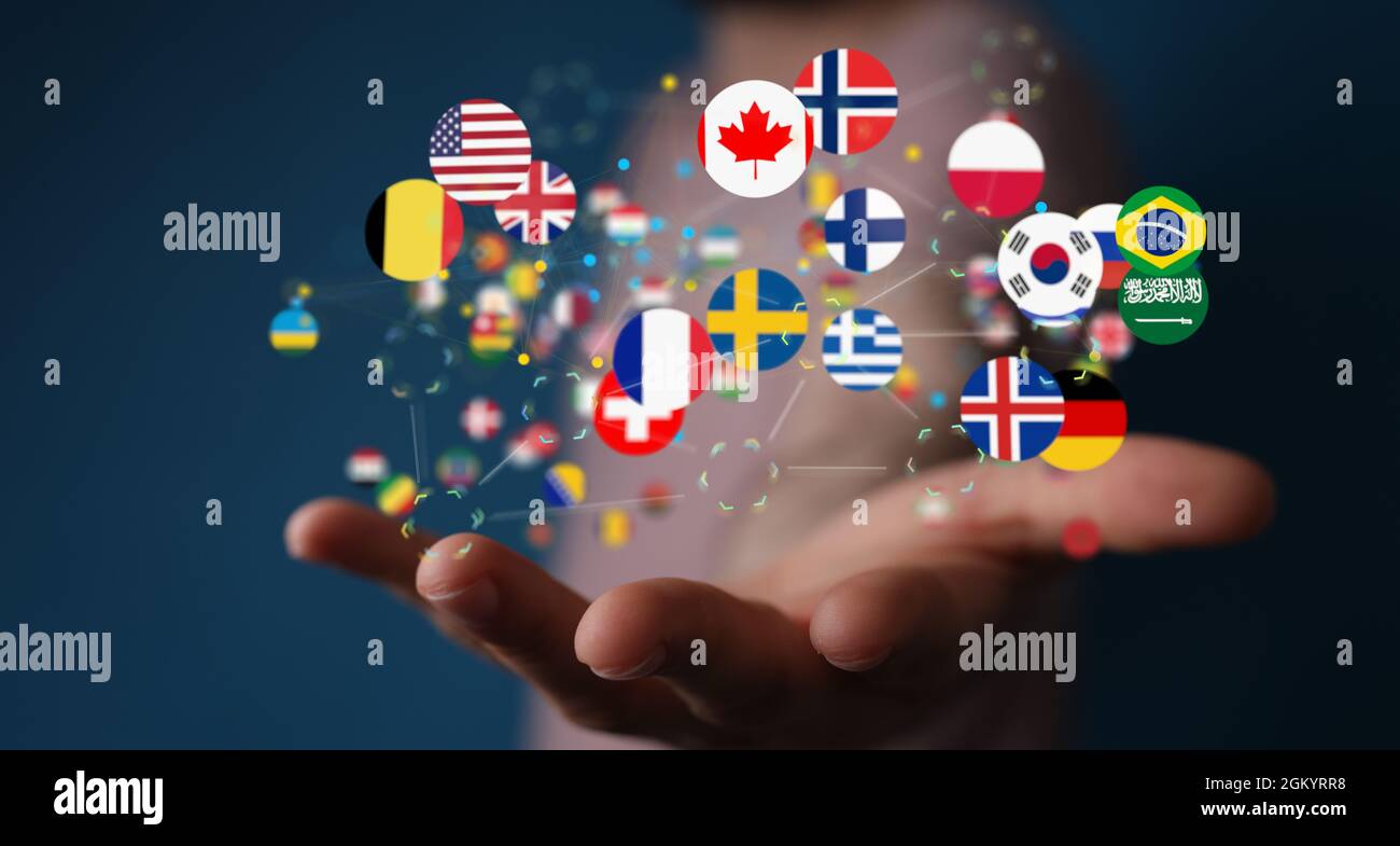 3d rendering of digital connection scheme of different national flags ...