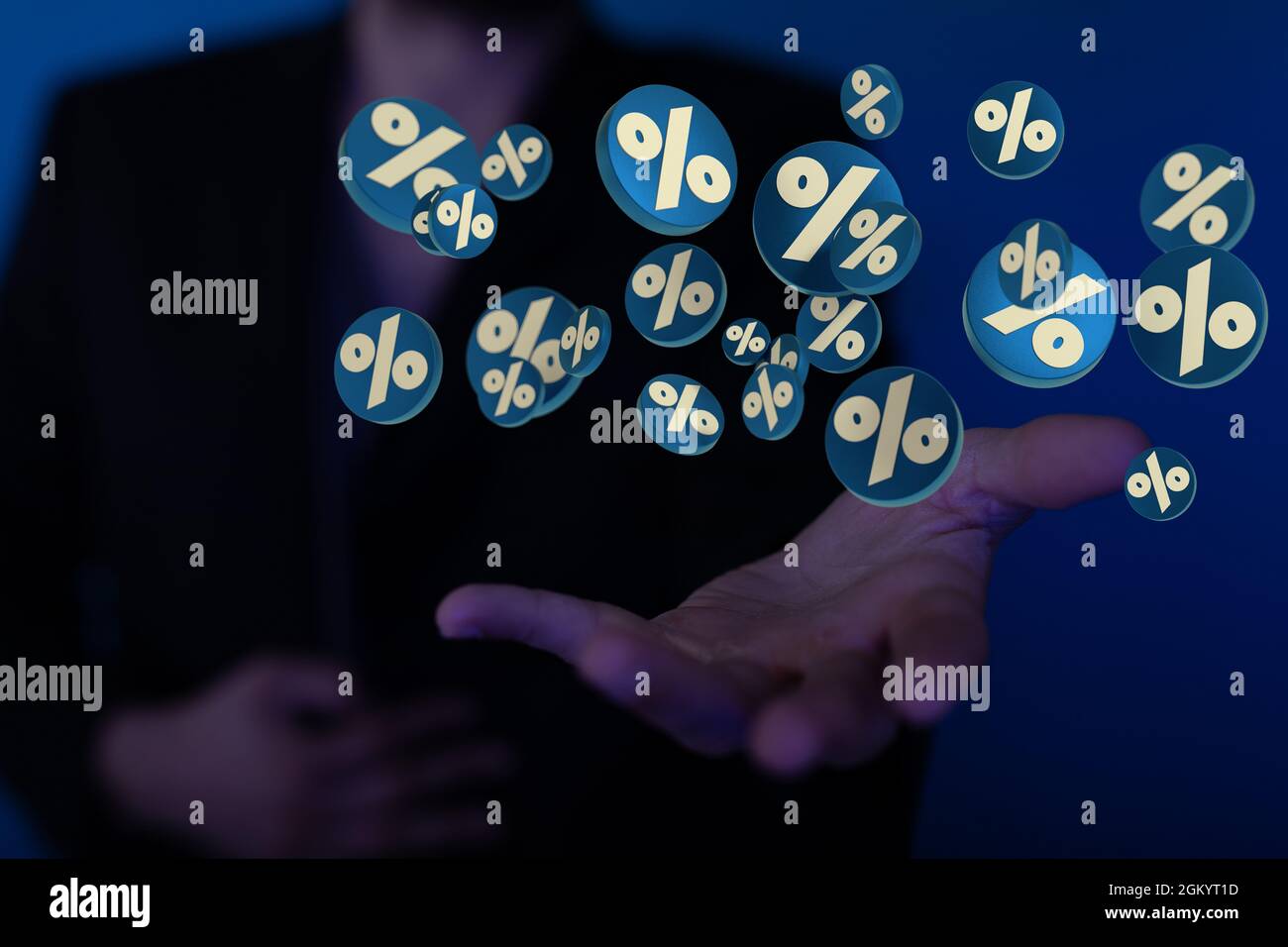 3d rendering of white percentage symbols on blue circular desks ...
