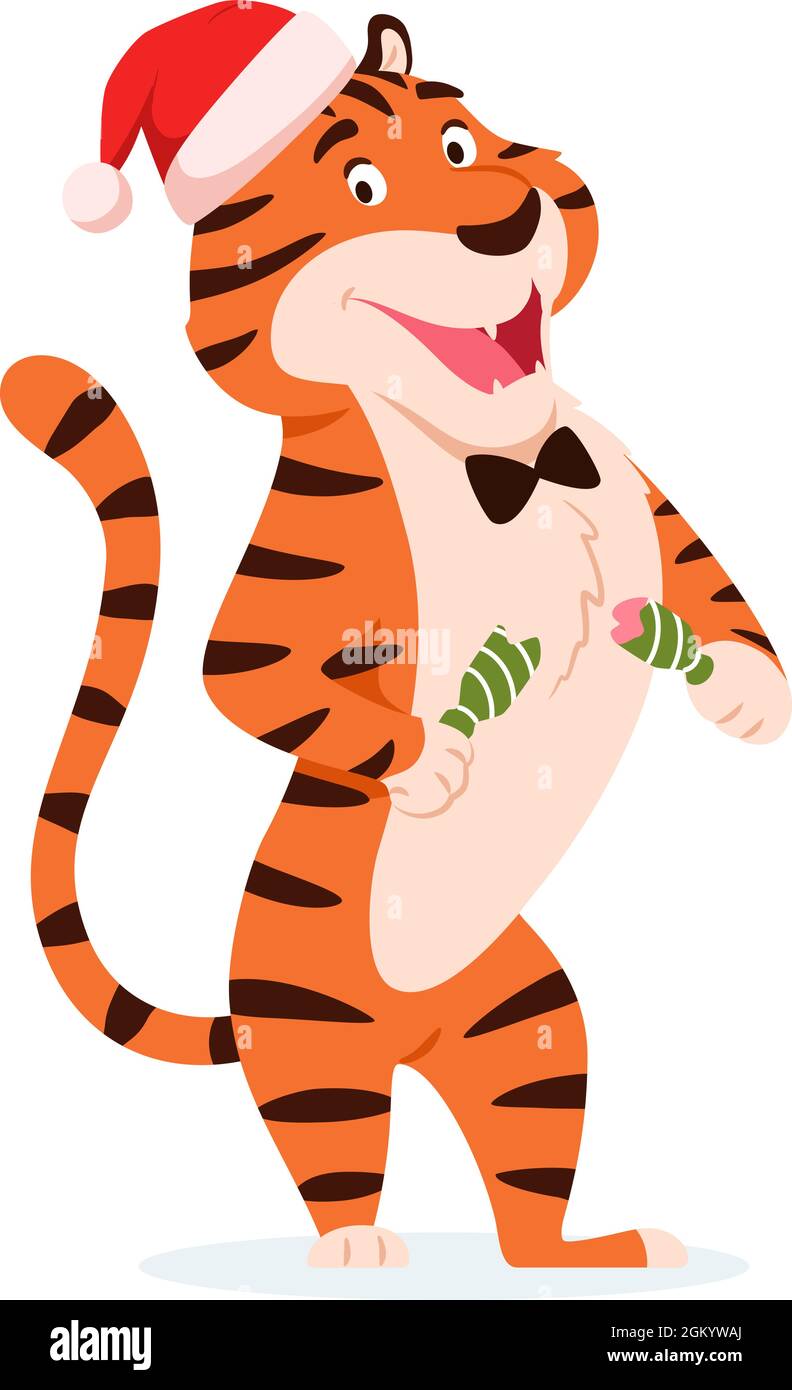Cartoon tiger in Santa hat with Christmas cracker Stock Vector Image ...