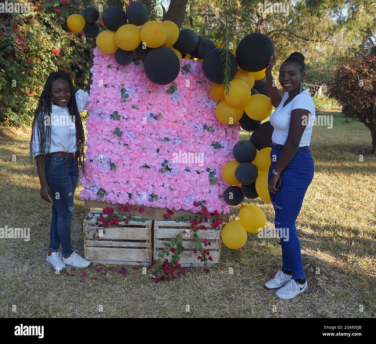 Lusaka, Zambia. 11th Sep, 2021. Young women display a flower wall they ...