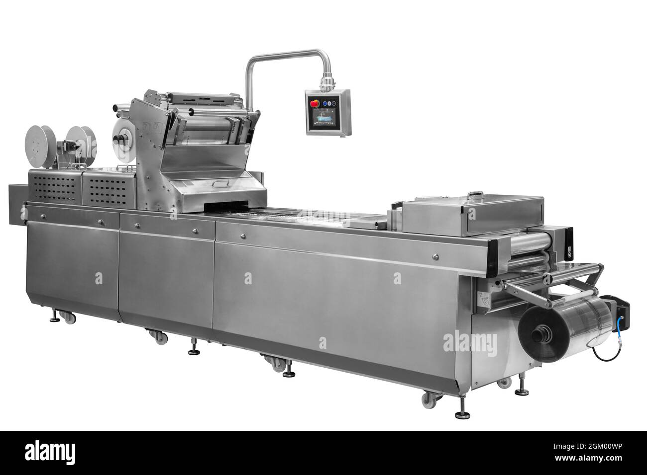 Industrial line for packaging of food products. Packing of bread at the ...