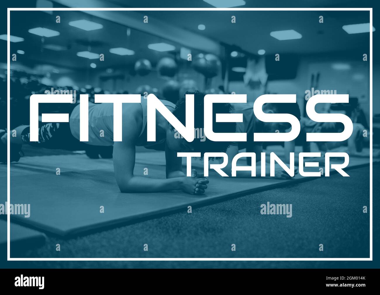 Fitness trainer text against fit people performing plank exercise at ...