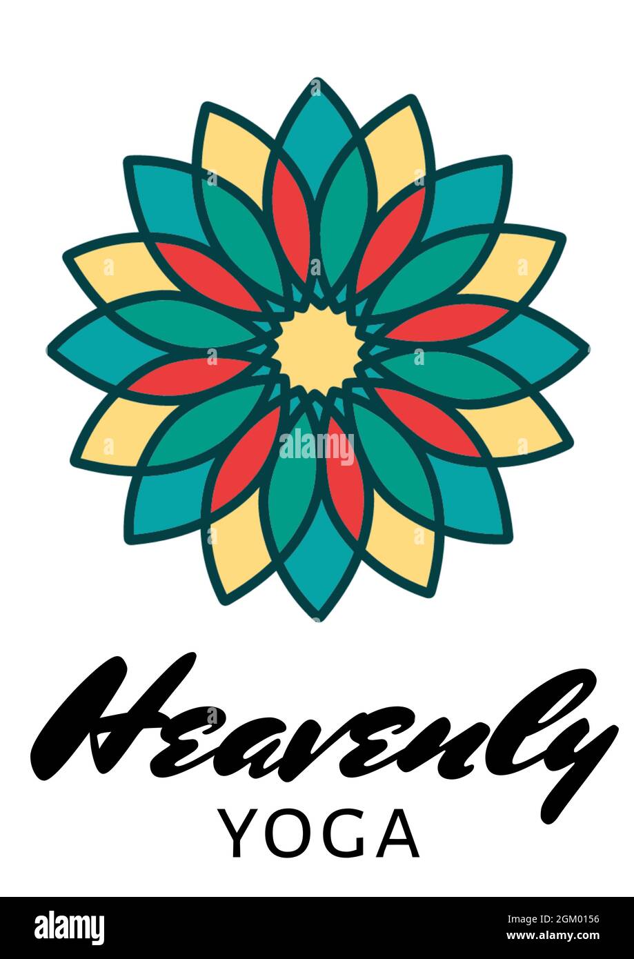 Heavenly yoga text with decorative floral design against white ...