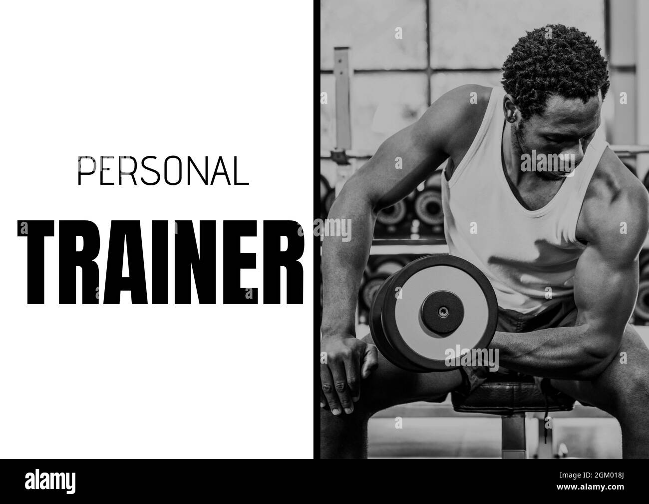 Personal trainer text and african american fit man working out at the ...