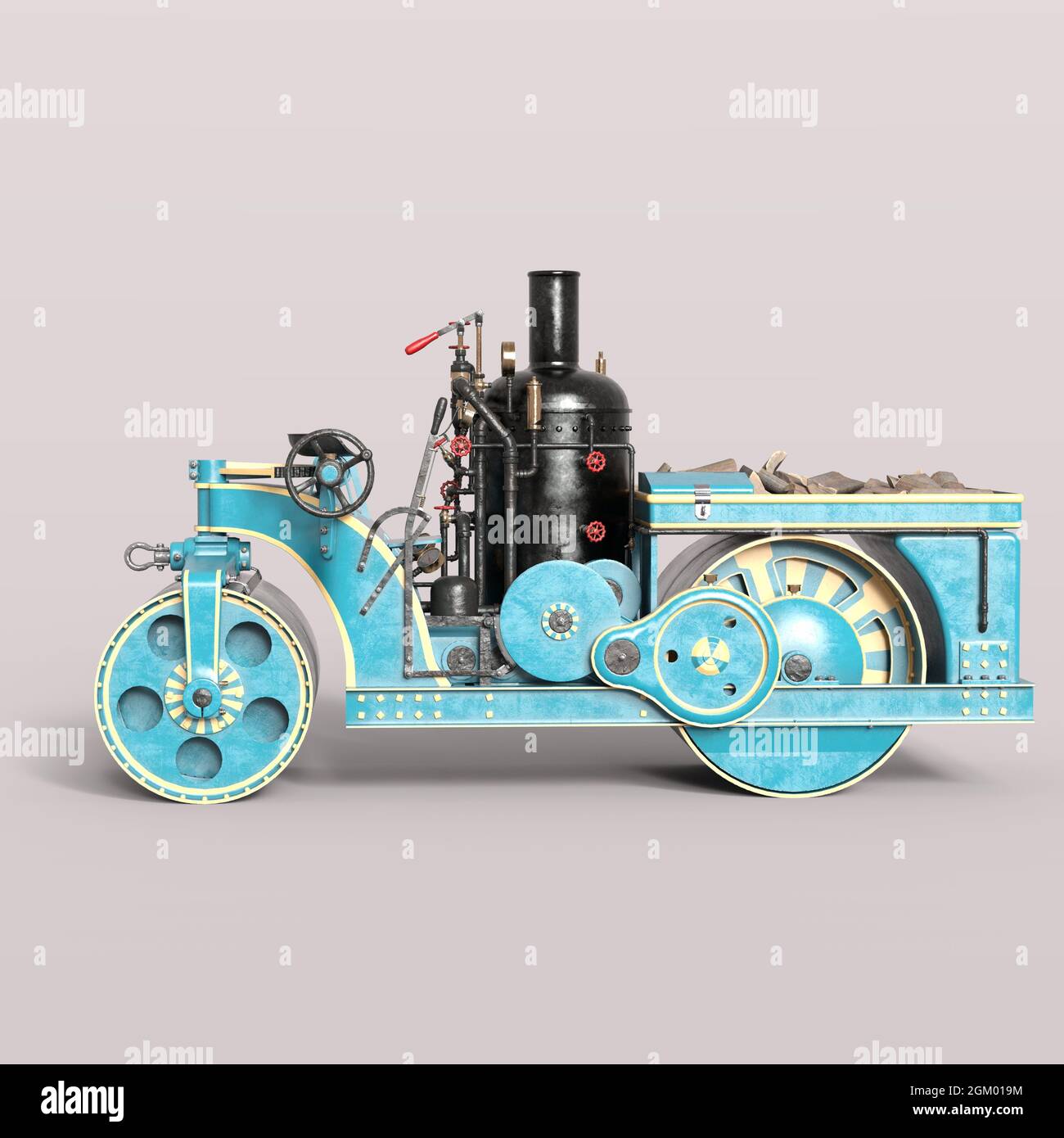 3D-illustration of a victorian steampunk steamroller. isolated ...