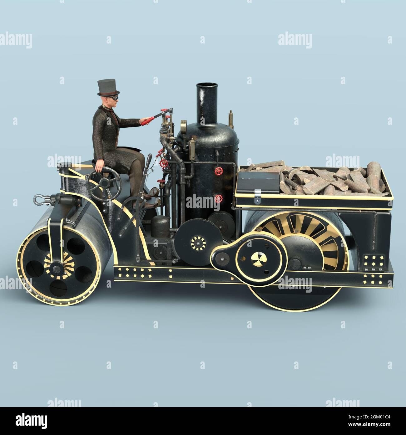 3D-illustration of a victorian steampunk steamroller. isolated ...