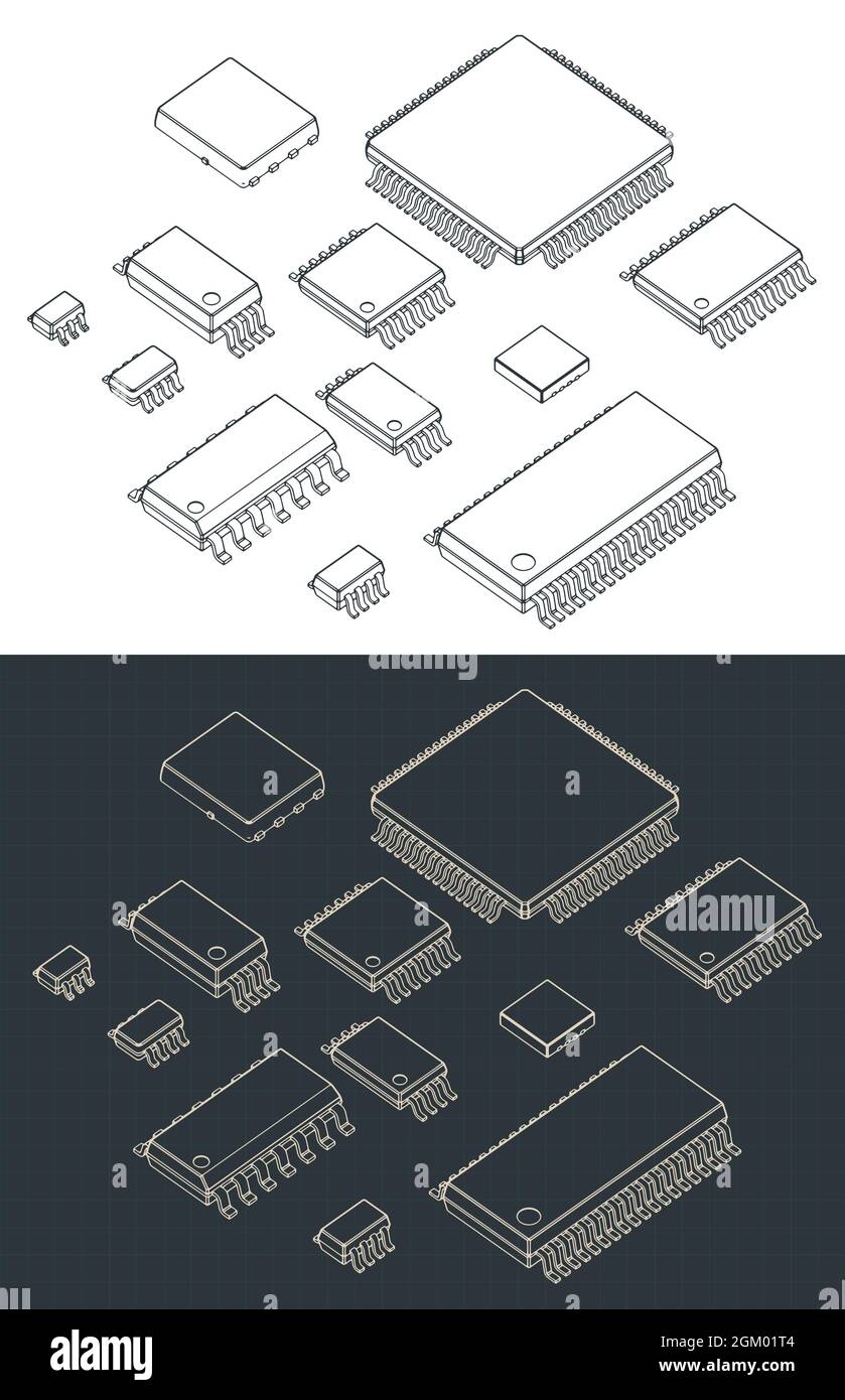 Stylized vector illustrations of isometric blueprints of integrated ...