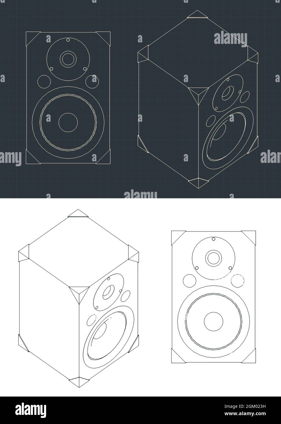 Stylized vector illustration of blueprints of audio speaker stereo ...
