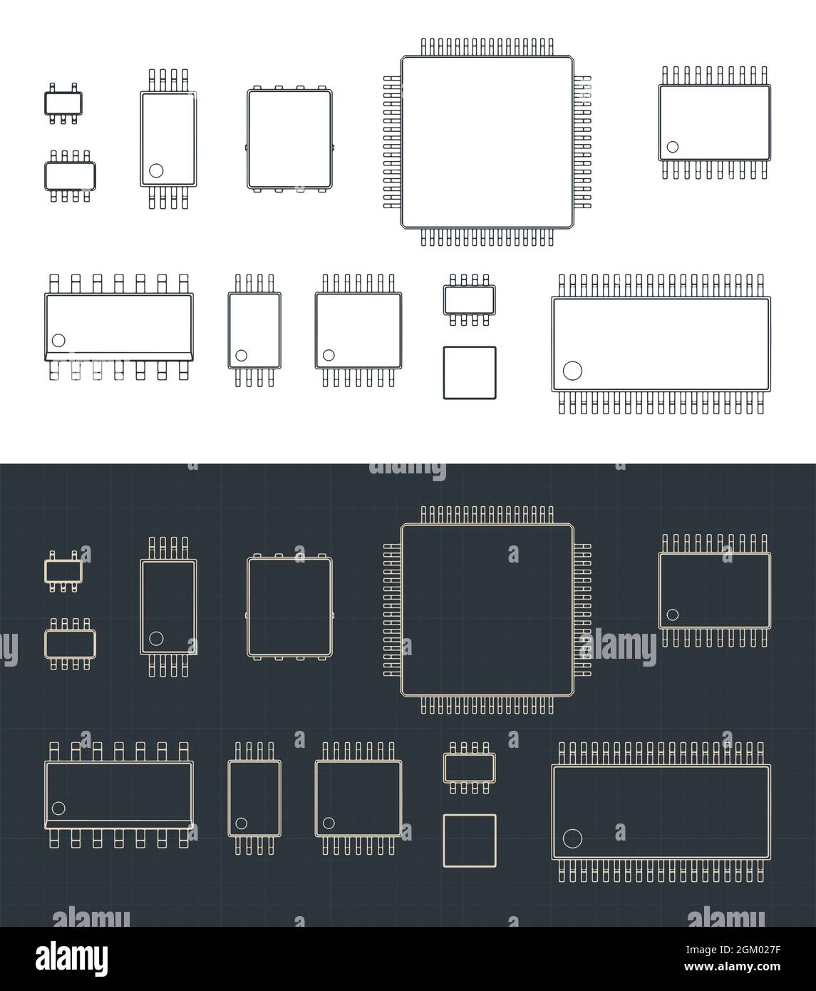 Stylized vector illustrations of blueprints of integrated circuits ...