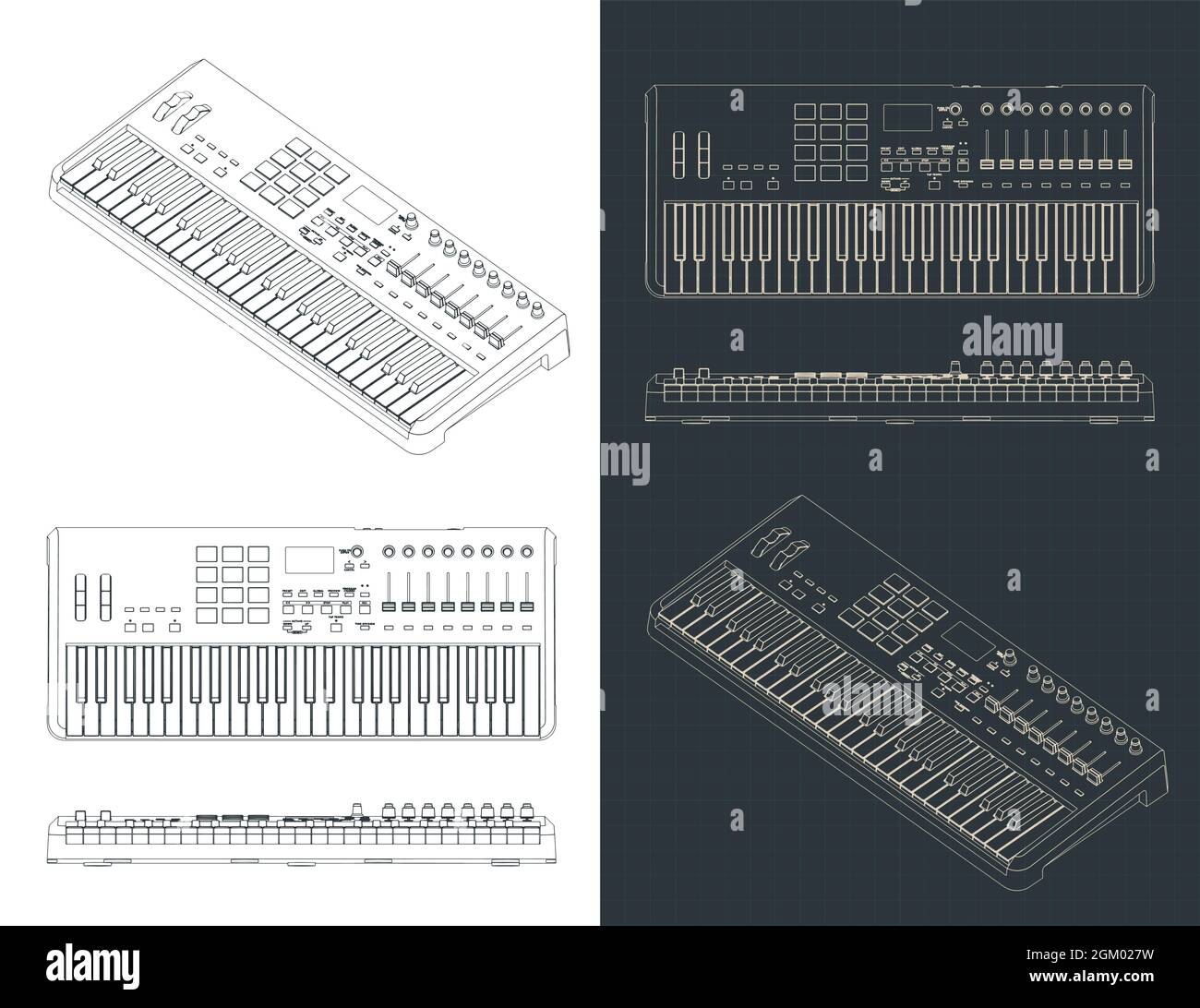 Stylized vector illustration of blueprints of MIDI controller keyboard ...