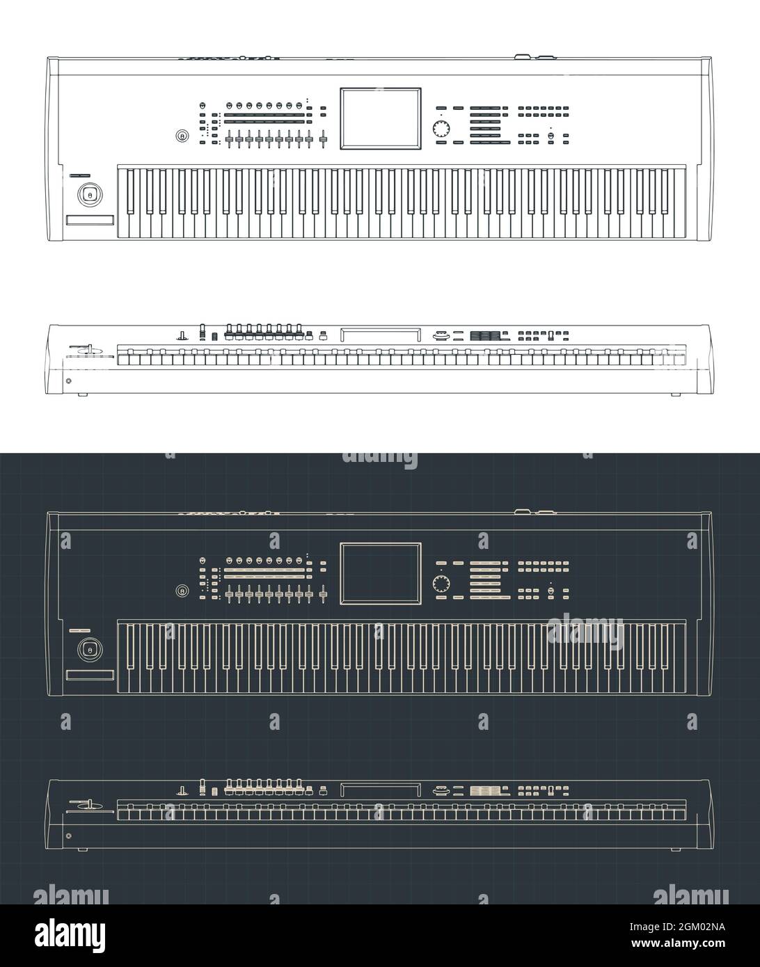 Stylized vector illustration of blueprints of synthesizer keyboard ...