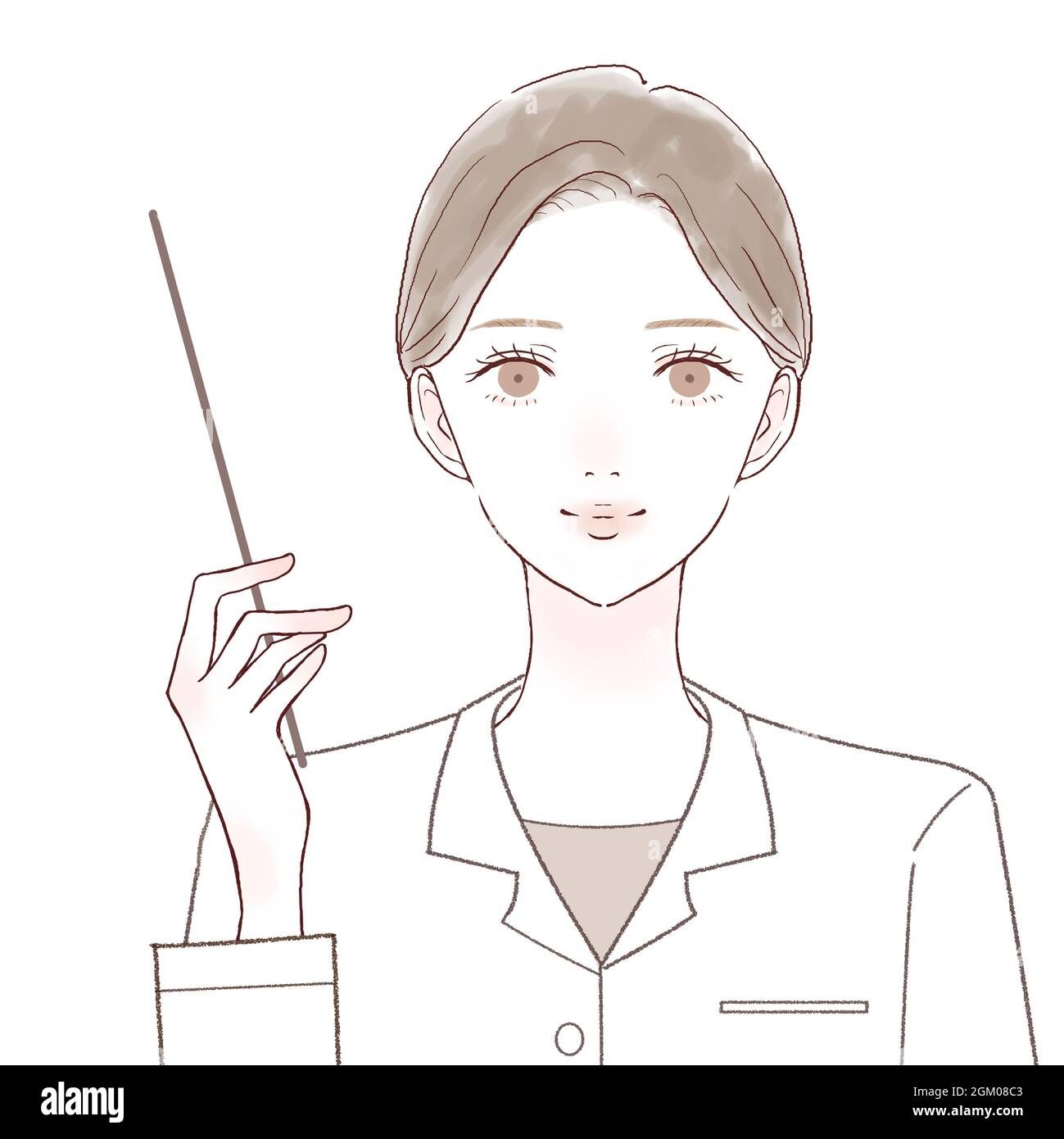 A female doctor holding an instruction stick and explaining. On a white ...